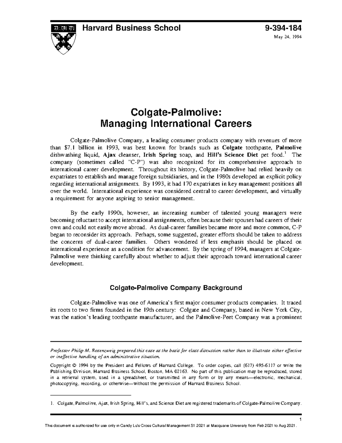 Managing International Careers: Colgate-Palmolive Case Study (CROSSCULT ...