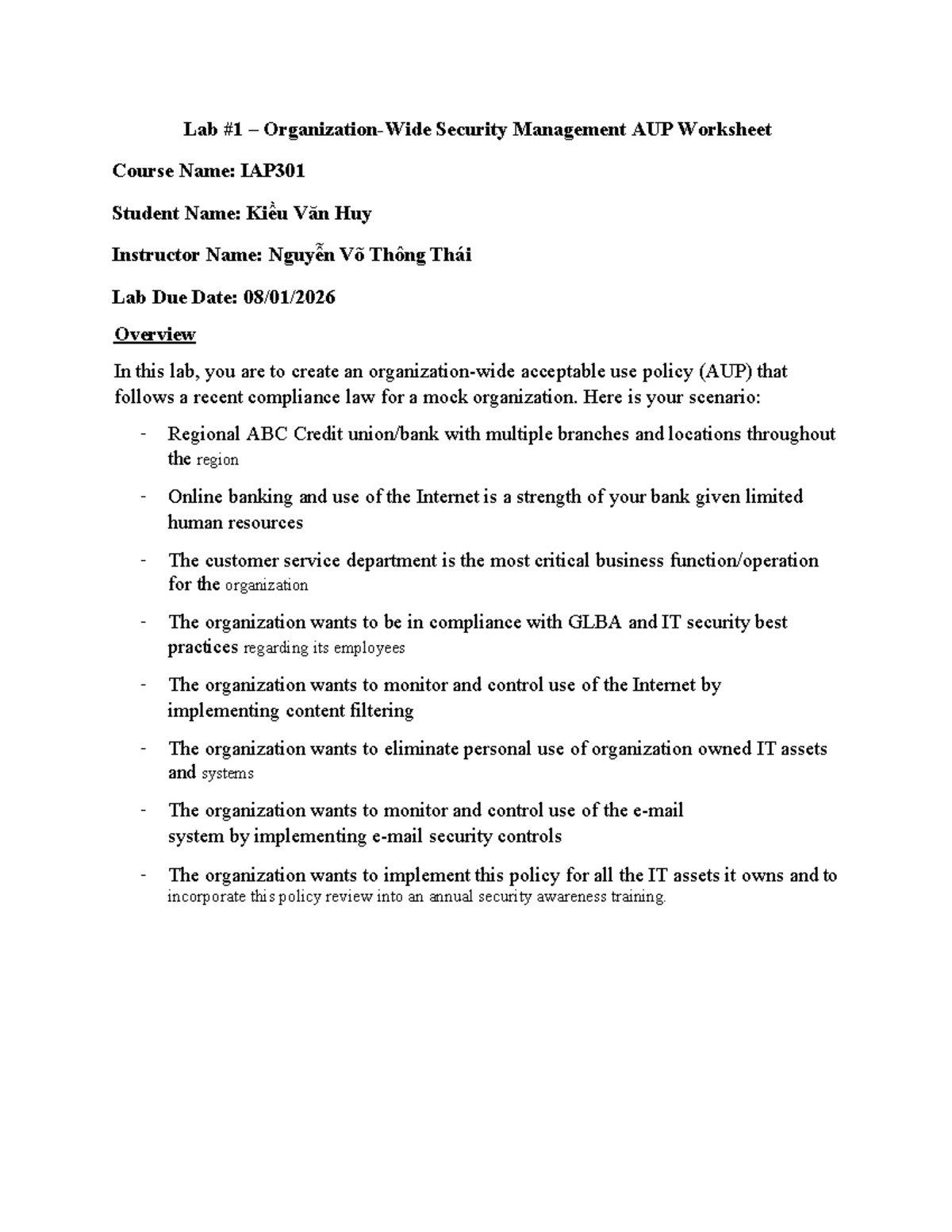 IAP301 Lab Security Management AUP Worksheet by Kieu Van Huy - Studocu