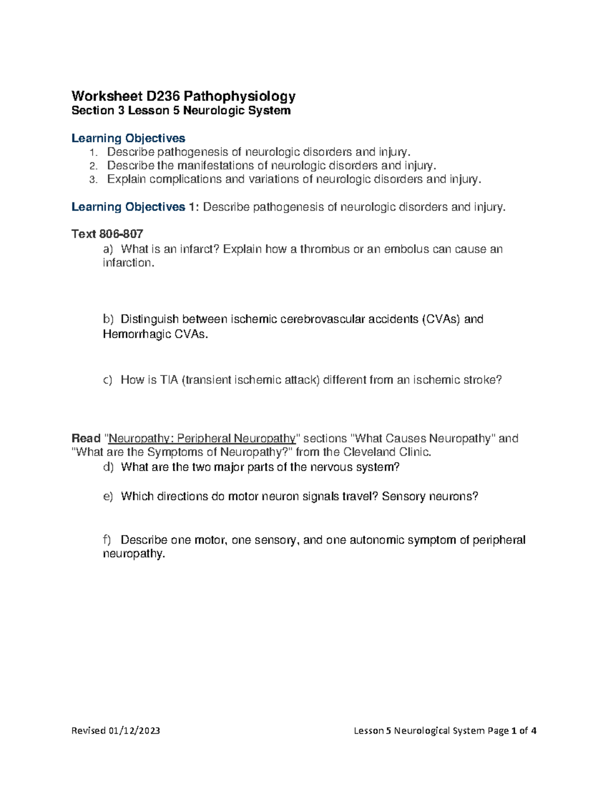Lesson 5 Neurologic Systems - Worksheet D236 Pathophysiology Section 3 ...