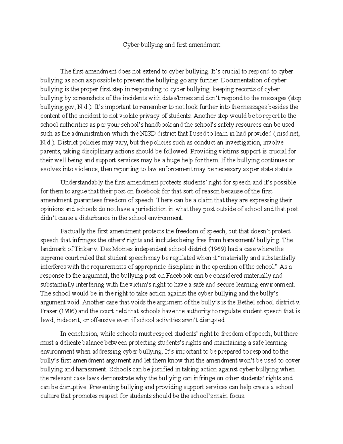 Cyber Bullying & the First Amendment: Legal Perspectives & Responses ...