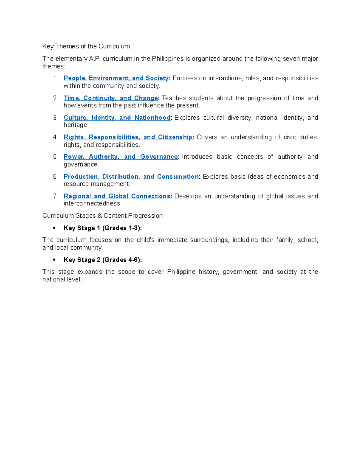 Key Themes of the A.P. Curriculum in the Philippines - Studocu