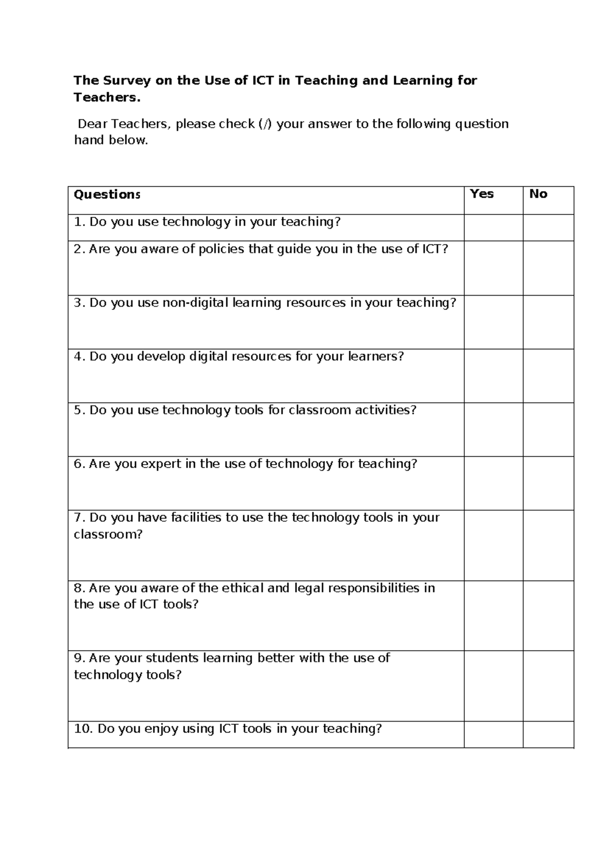 ICT in Teaching: A Survey for Educators on Technology Use - Studocu