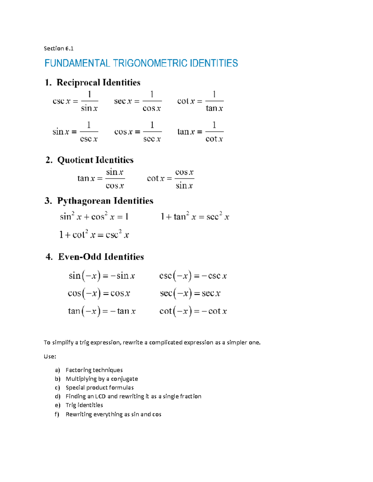 Trigonometric Simplification Techniques - Math 101 - Studocu