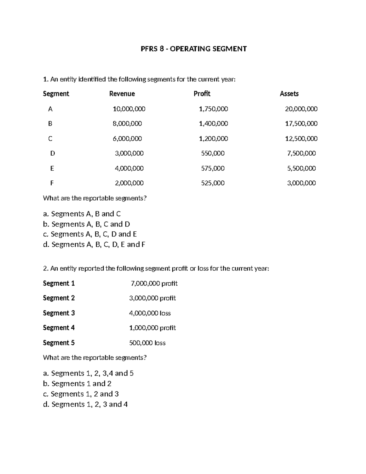 PFRS 8 Operating Segment Drills - PFRS 8 - OPERATING SEGMENT 1. An entity identified the ...