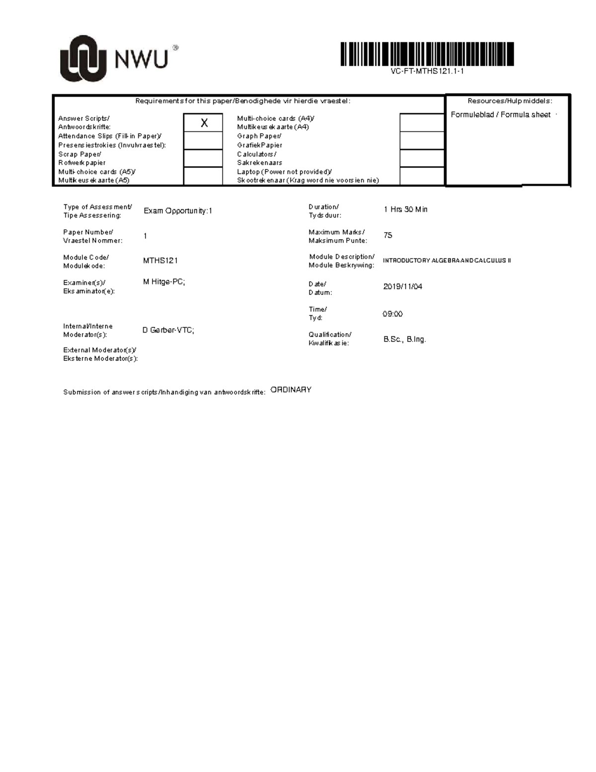 MTHS121: Final Exam Paper 1 Resources and Instructions - Studocu