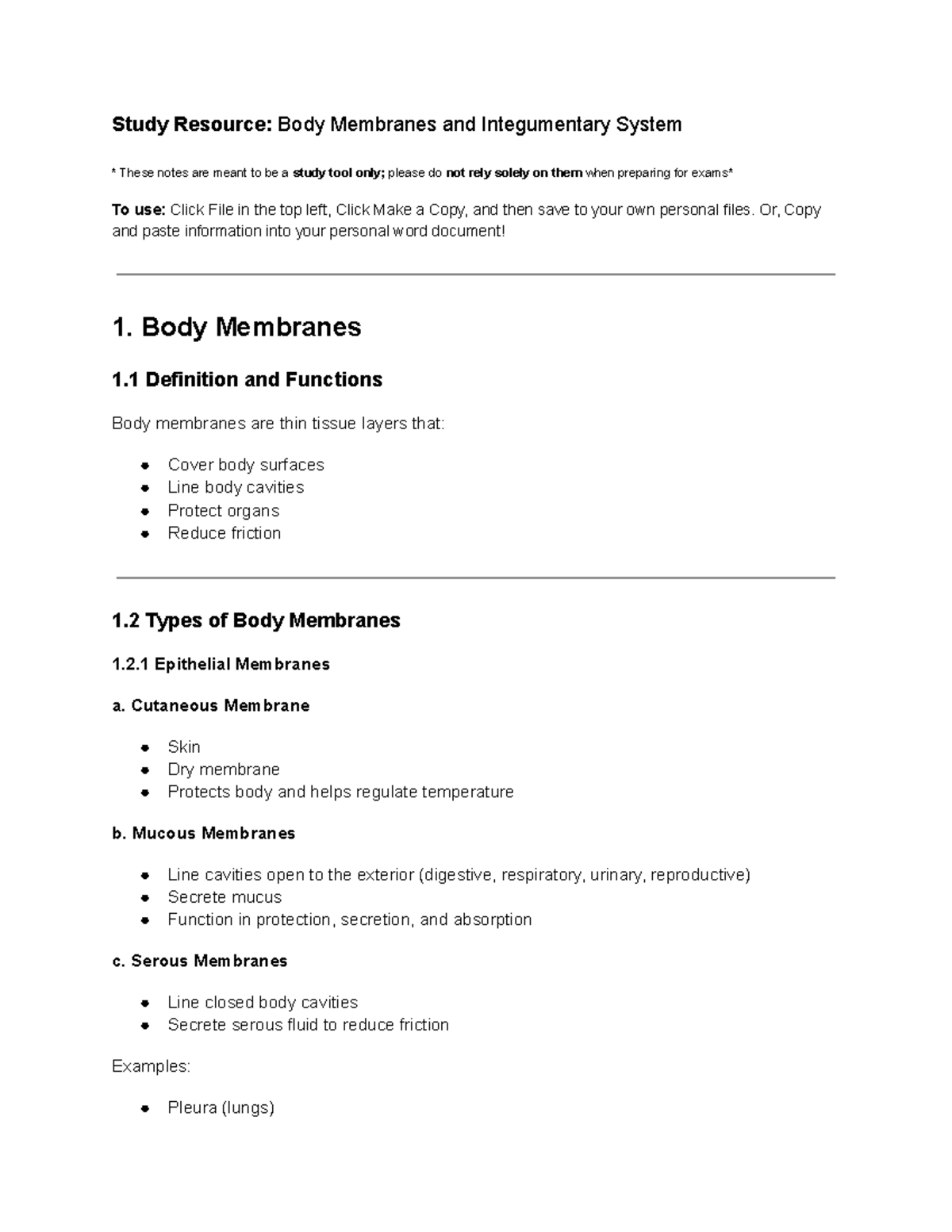 Study Notes: Body Membranes & Integumentary System - Studocu