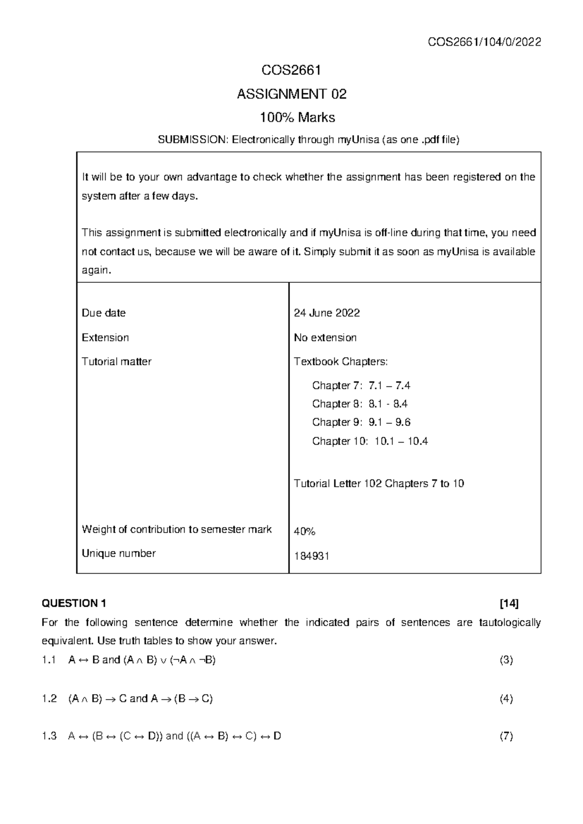 COS2661 Assignment 2 - Formal Proofs and Truth Tables (2022) - Studocu
