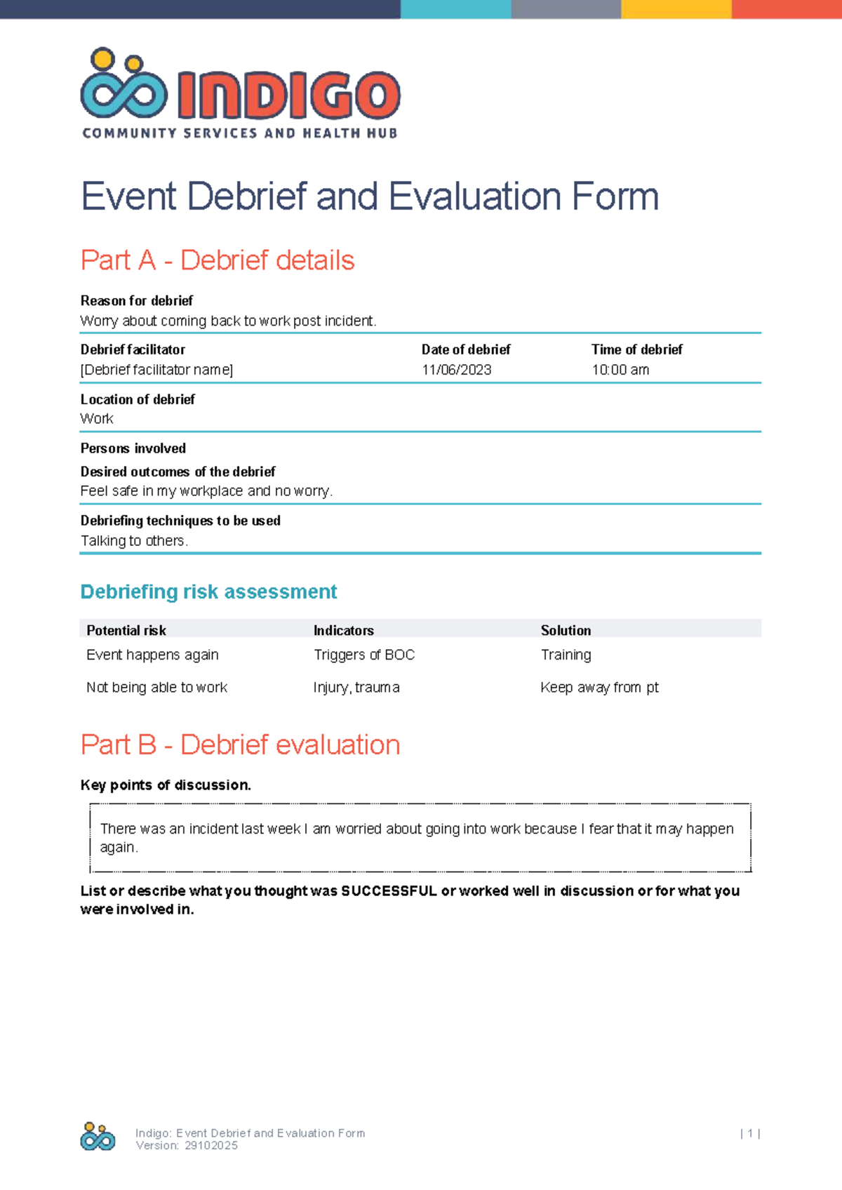 Indigo FRM Event Debrief & Evaluation Form - Part A & B - Studocu