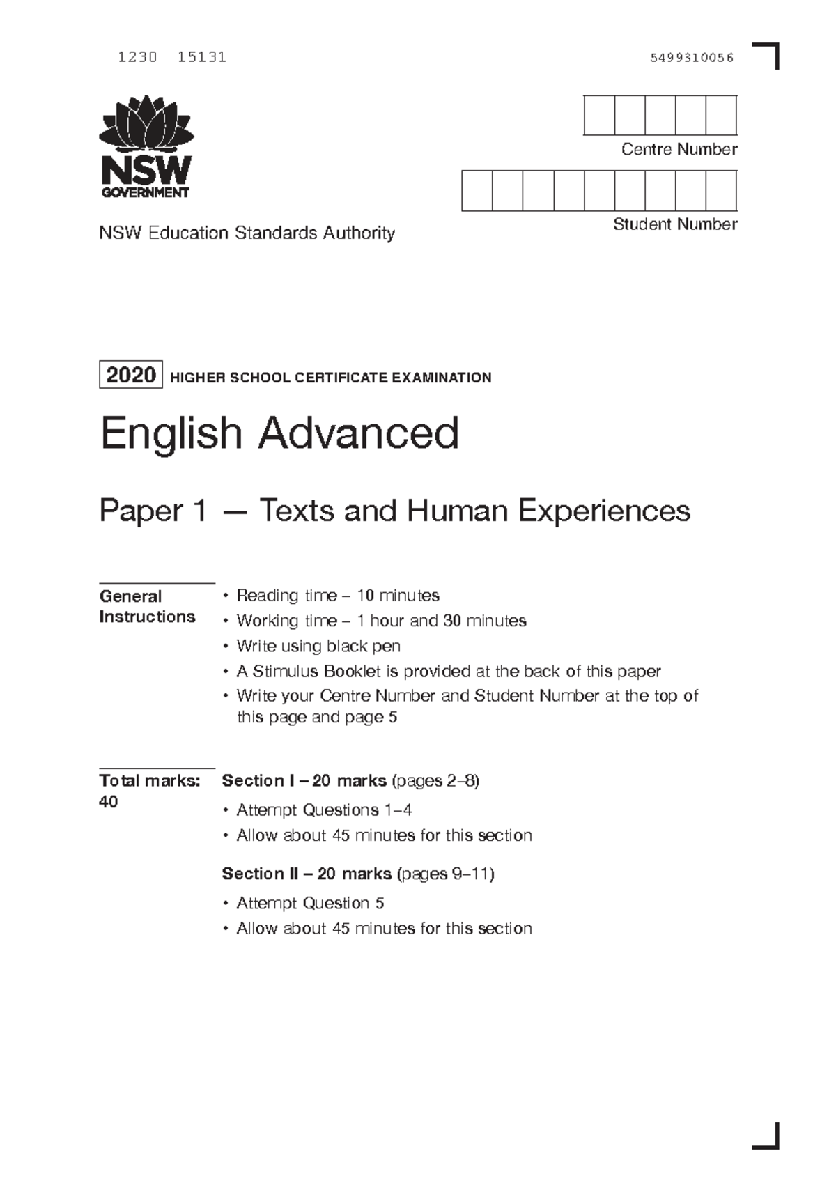 2020 HSC English Advanced Paper 1: Texts & Human Experiences Exam - Studocu