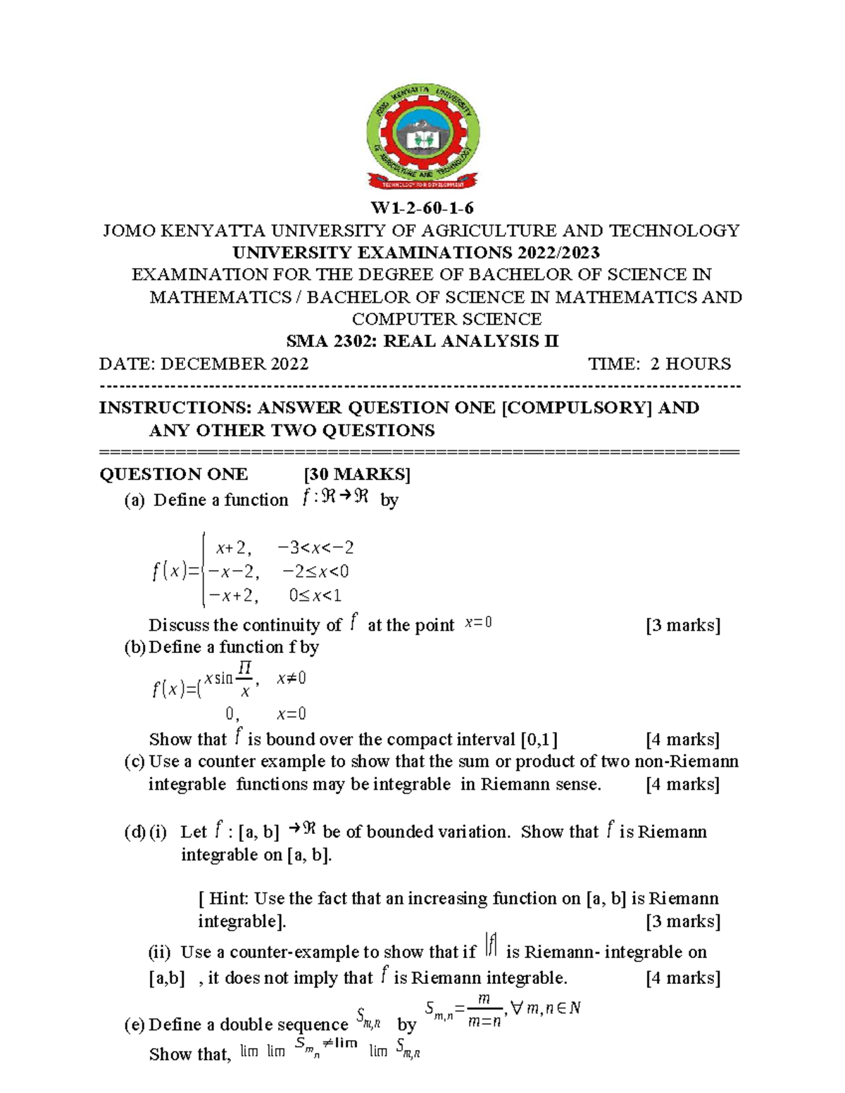 SMA 2302: Real Analysis II Exam Questions - December 2022 - Studocu