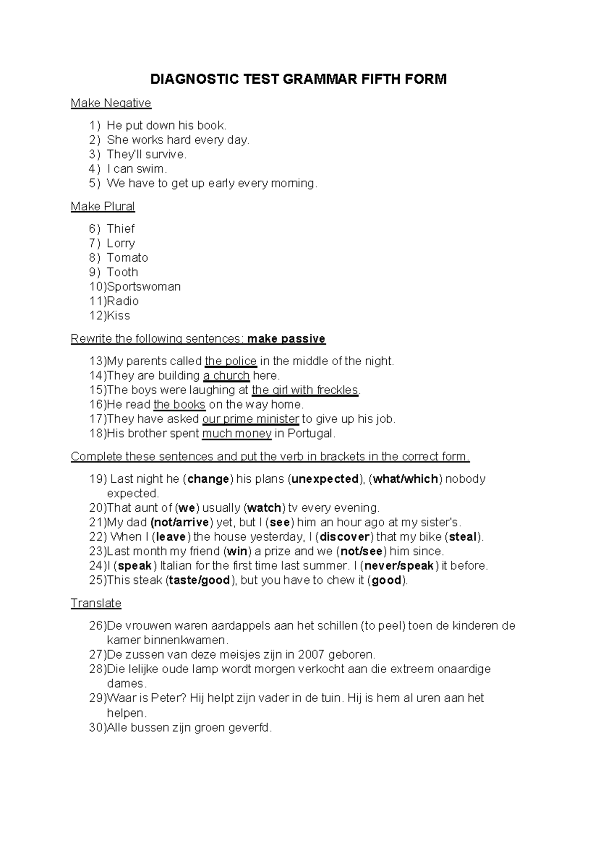 Diagnostic Test: Grammar Exercises for Fifth Form (Sept 20) - Studeersnel
