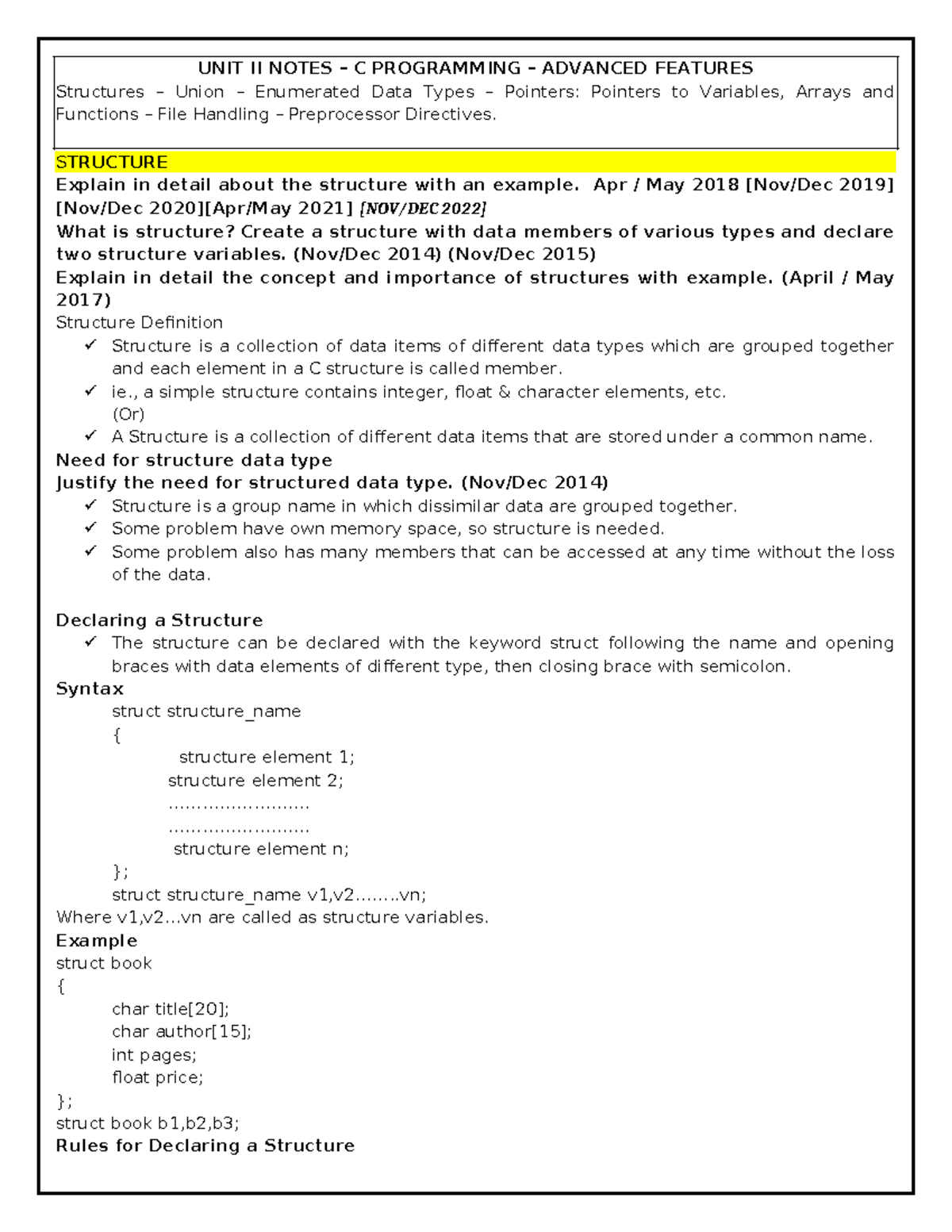 UNIT II NOTES (CPDS) - Advanced C Programming: Structures, Pointers ...
