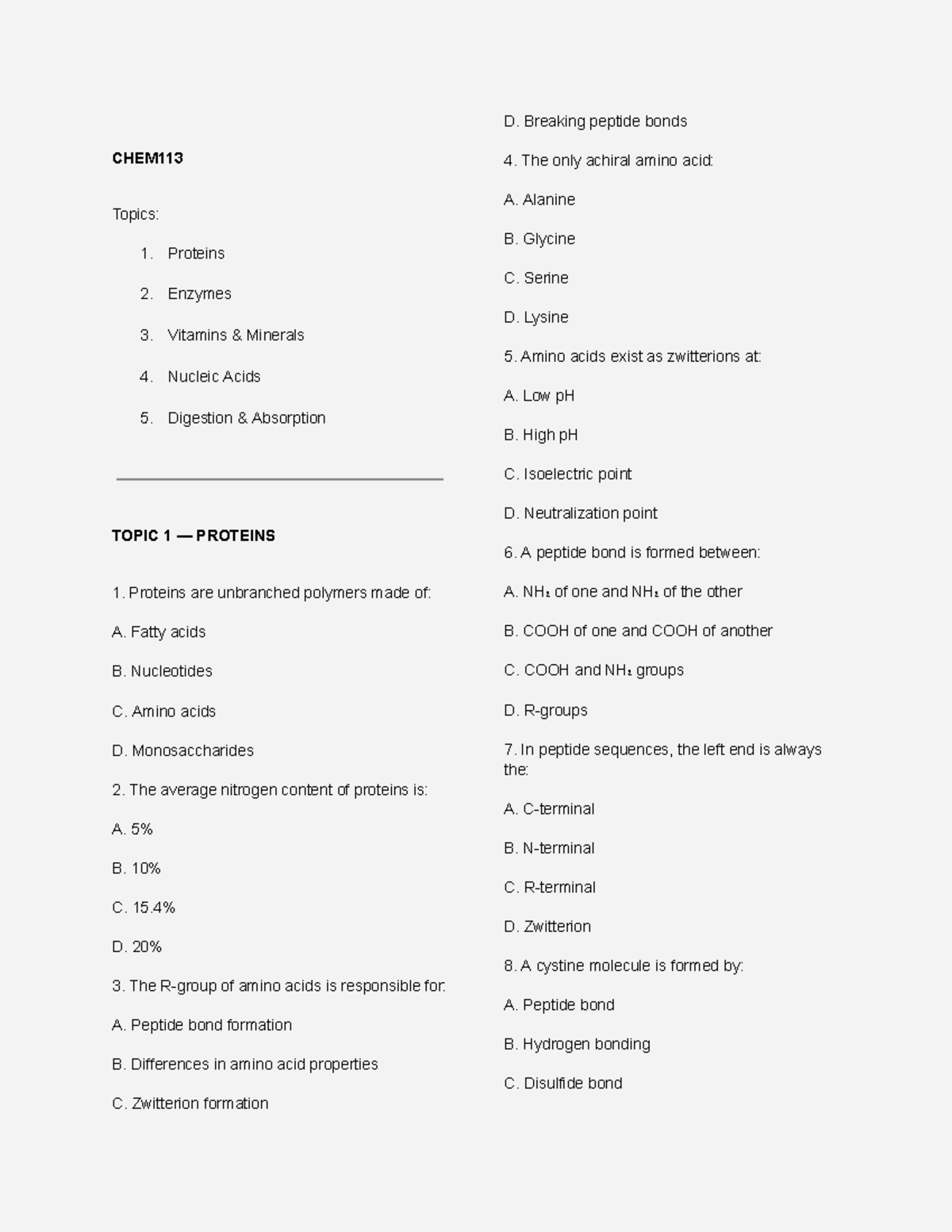 CHEM113 Final Exam Review: Peptide Bonds, Proteins, and Enzymes - Studocu