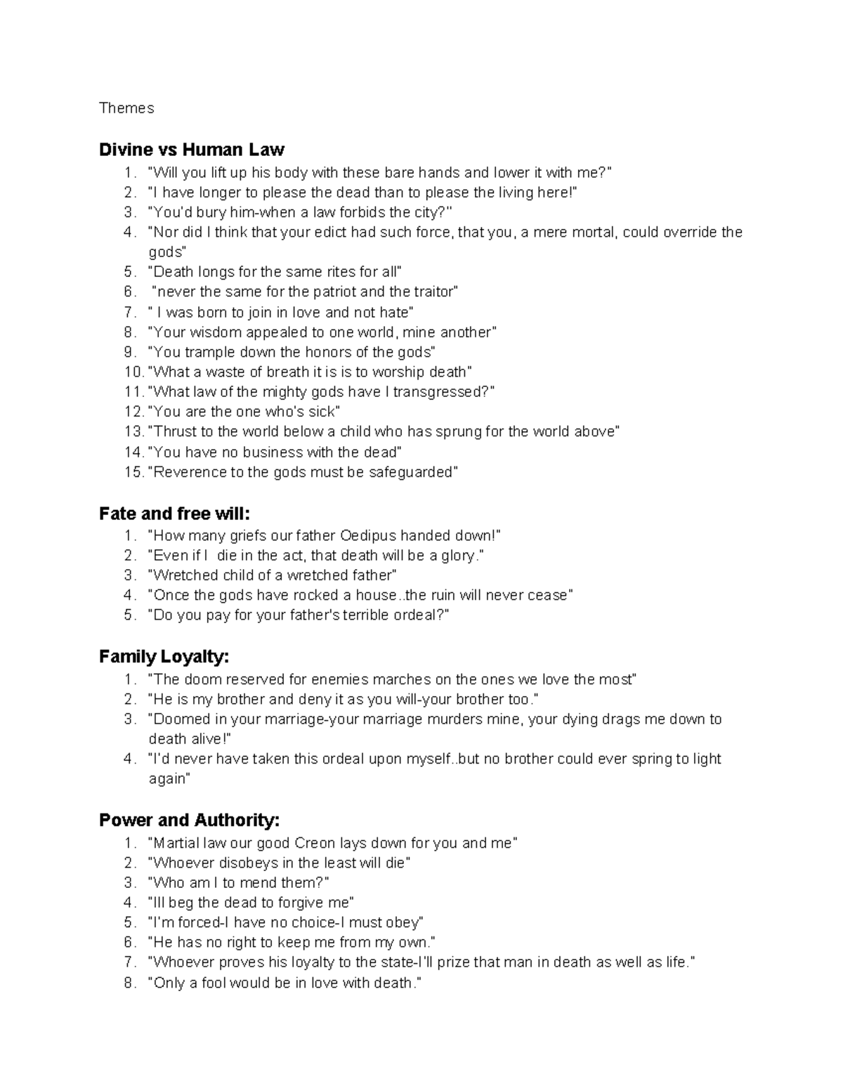 Antigone Quotes Bank: Themes of Divine vs Human Law, Power, and Gender ...