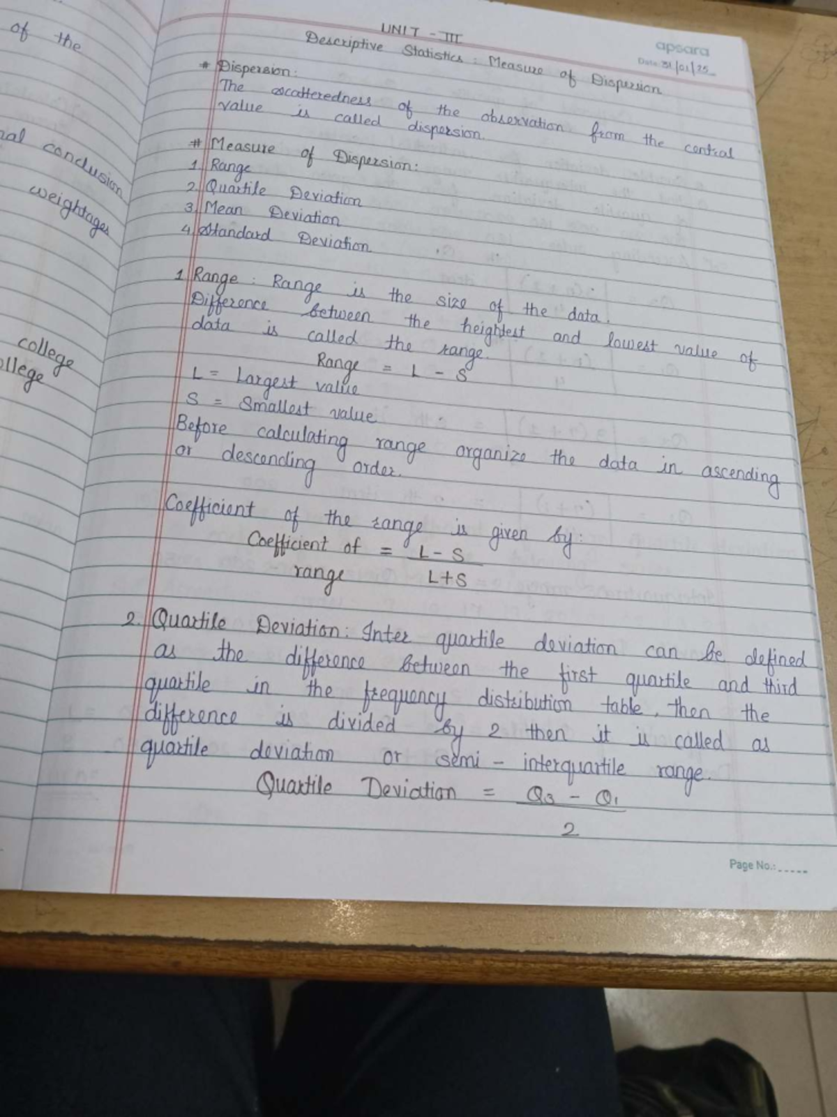 SPPU SE AI&DS Stats Unit 3 Final Exam Handwritten Notes on Dispersion ...