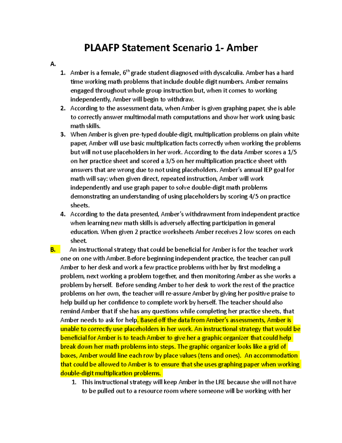 Task 1 Assessment in Special Education D003 - PLAAFP Statement Scenario ...