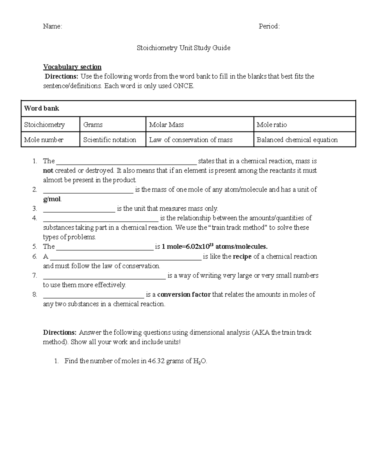 Stoichiometry Unit Study Guide (Unit Exam Prep) - Studocu