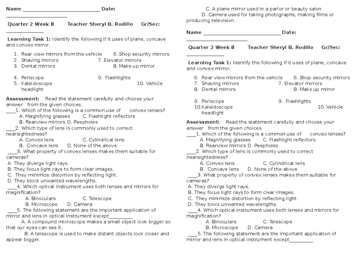 2Q W8 - Activity Sheet on Mirrors and Lenses Applications - Studocu