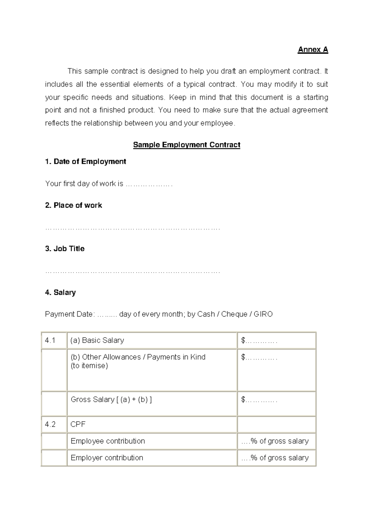 MOM Sample Employment Contract Template - Annex A Guide - Studocu