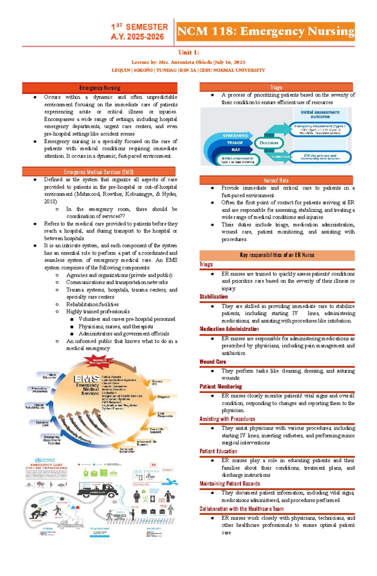 NCM 118: Emergency Nursing Unit 1 Lecture Notes - Mrs. Obiedo - Studocu