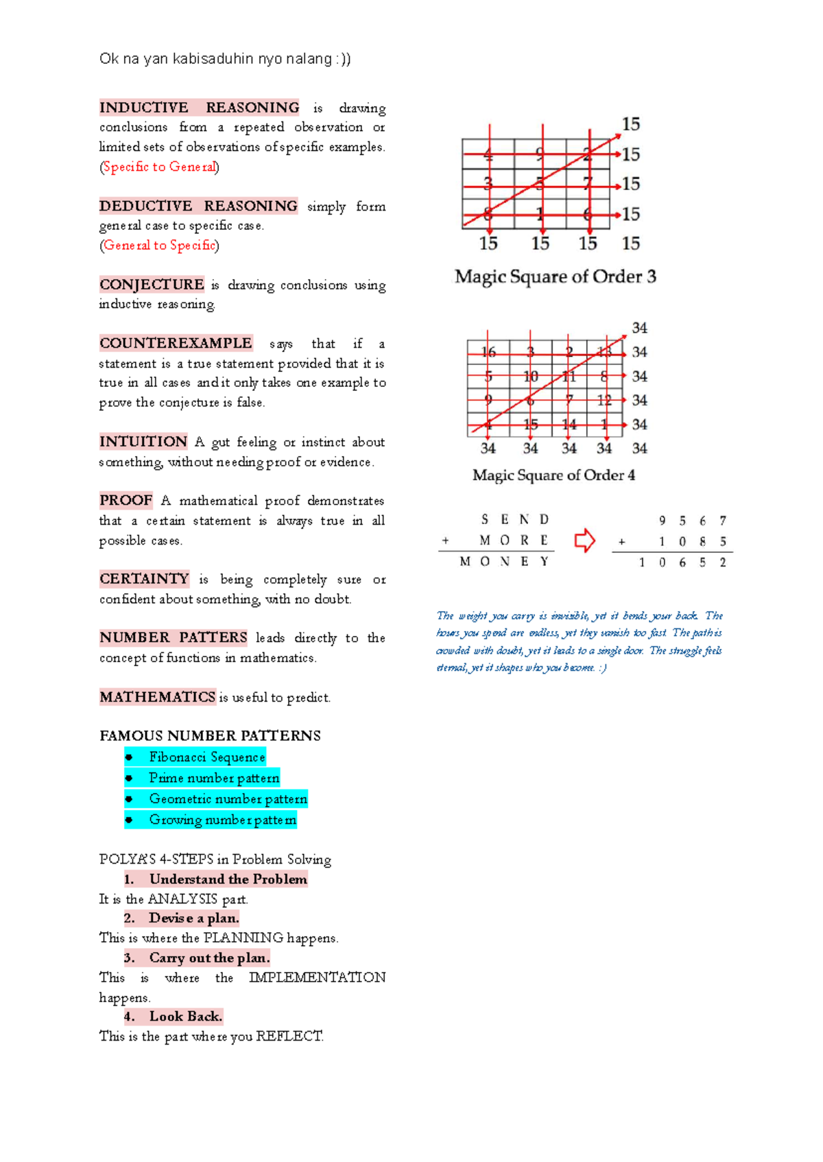 UNIT-3 Reviewer: Inductive & Deductive Reasoning Concepts - Studocu