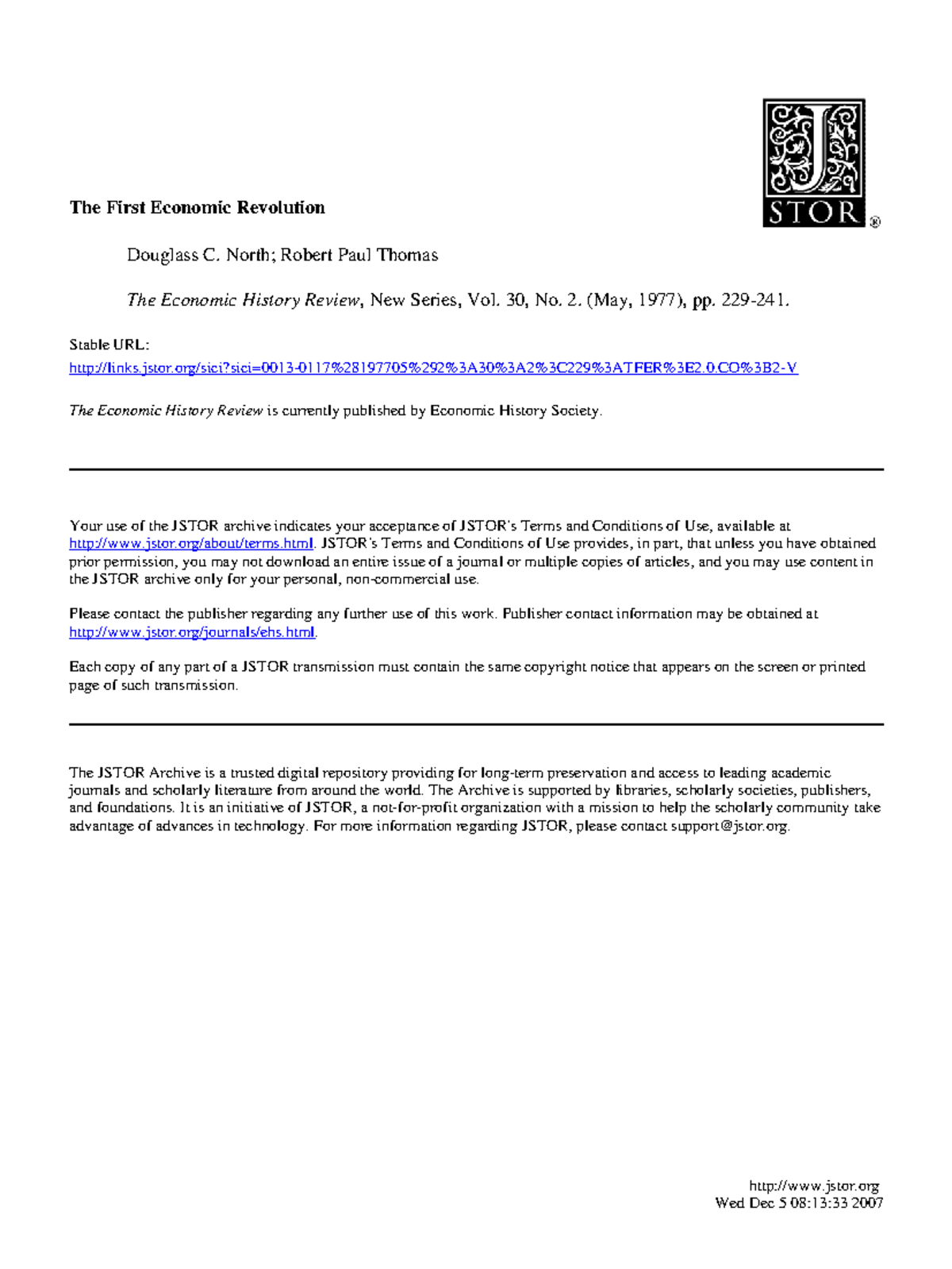 AGRI REV - The First Economic Revolution by North & Thomas - Studocu