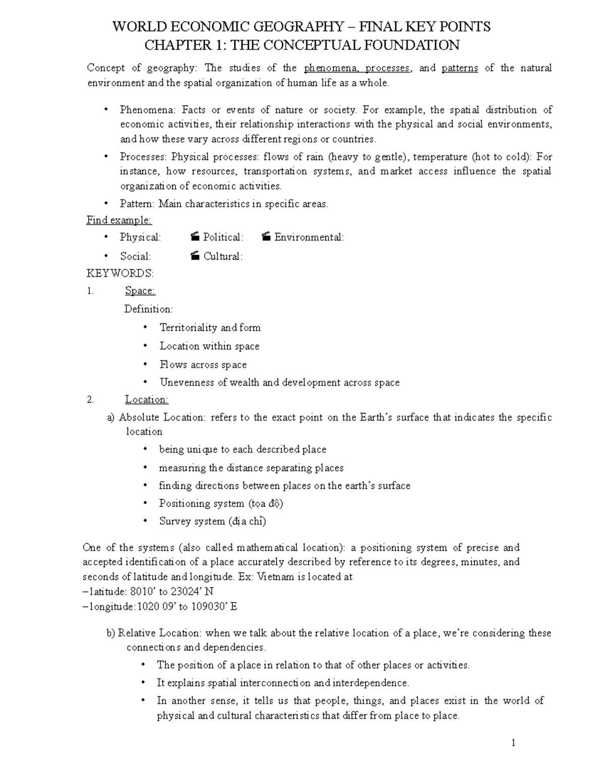 WORLD ECONOMIC GEOGRAPHY FINAL EXAM KEY POINTS CHAPTER 1-3 - Studocu