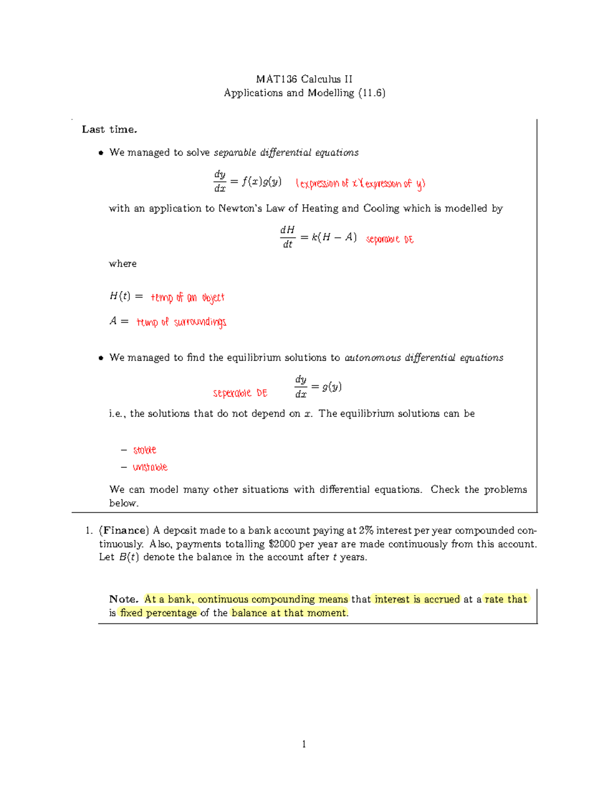 MAT136 Calculus II Differential Equations and Applications (Week 7) - Studocu