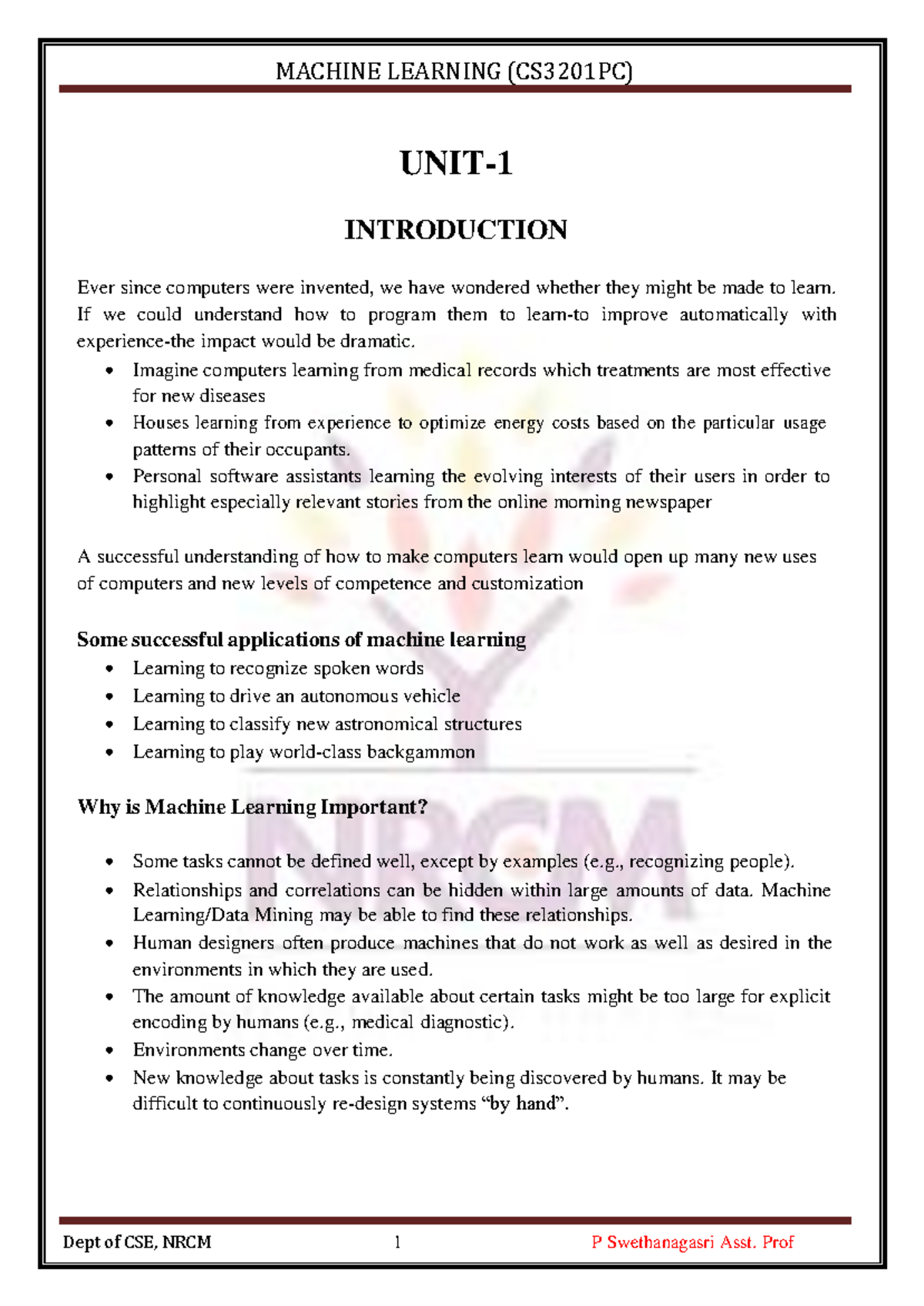 ML CSE Notes: Detailed Coverage of Units 1-5 as per Syllabus - Studocu