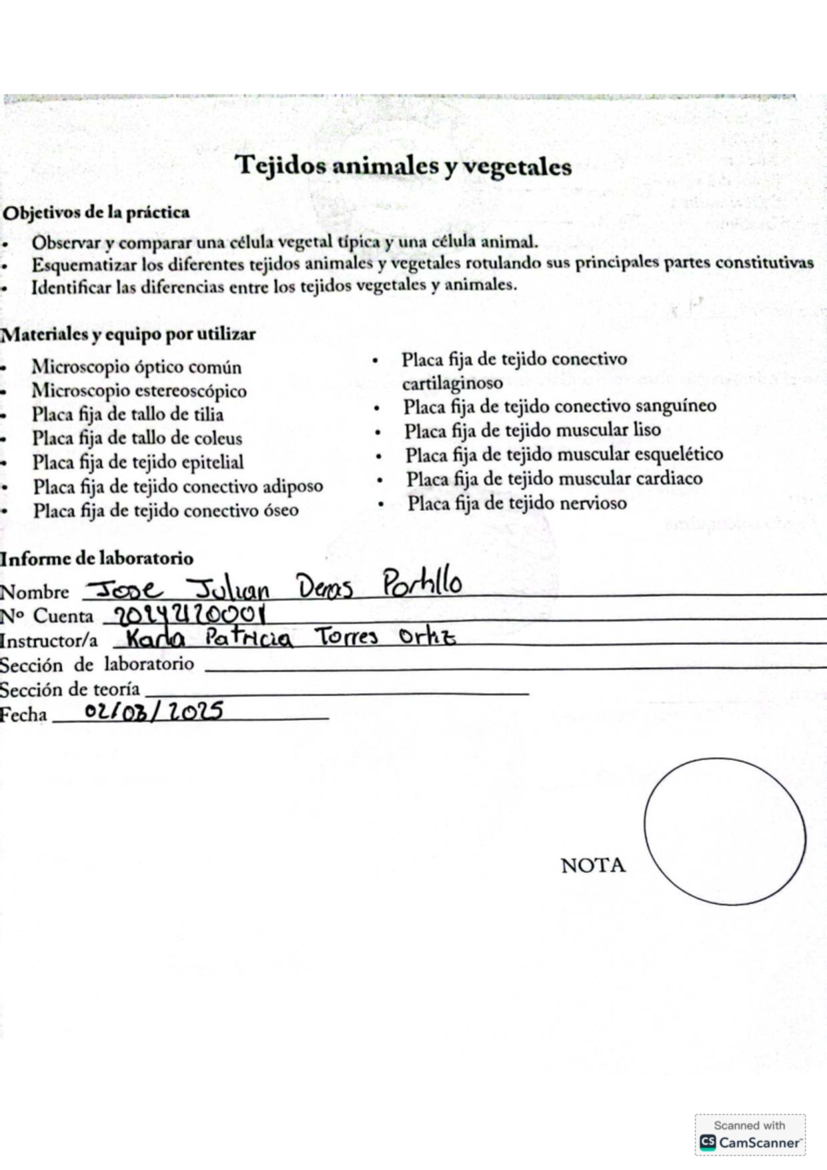 Informe de Práctica de Biología General: Tejidos Animales y Vegetales ...