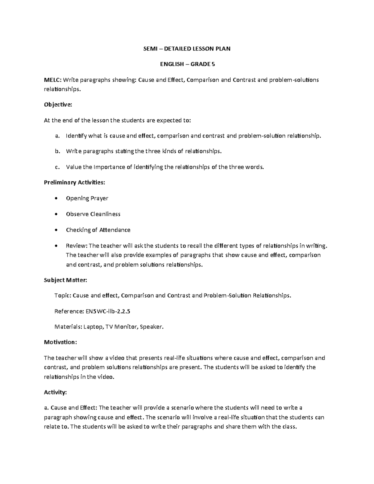 Lesson Plan on Cause-Effect Relationships for ENGLISH GRADE 5 - Studocu