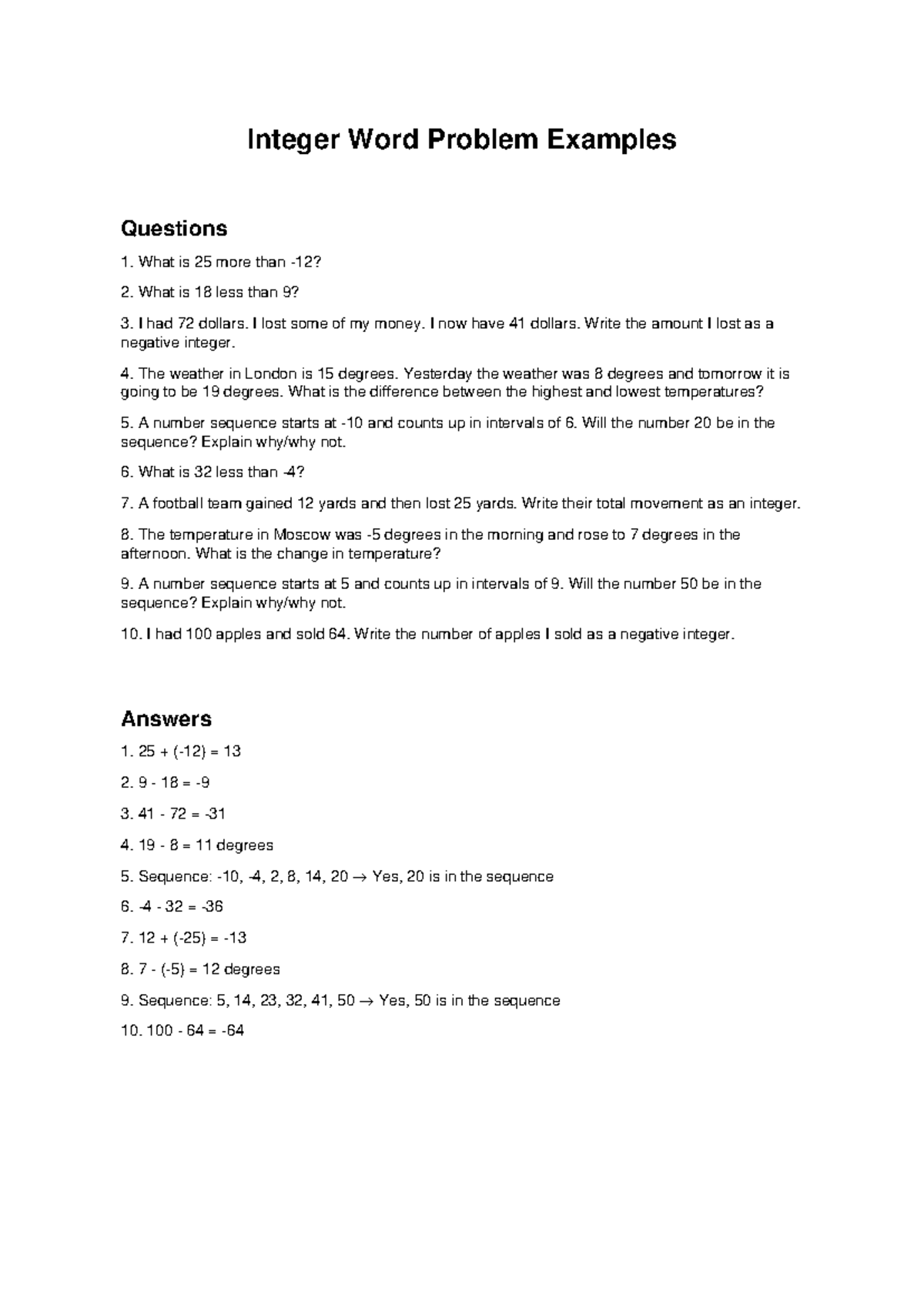 Integer Word Problems - PRACTICE Examples and Solutions - Studocu