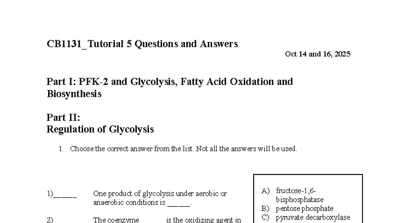 CB1131_Tutorial 5 Q&A on Glycolysis & Fatty Acid Metabolism - Studocu