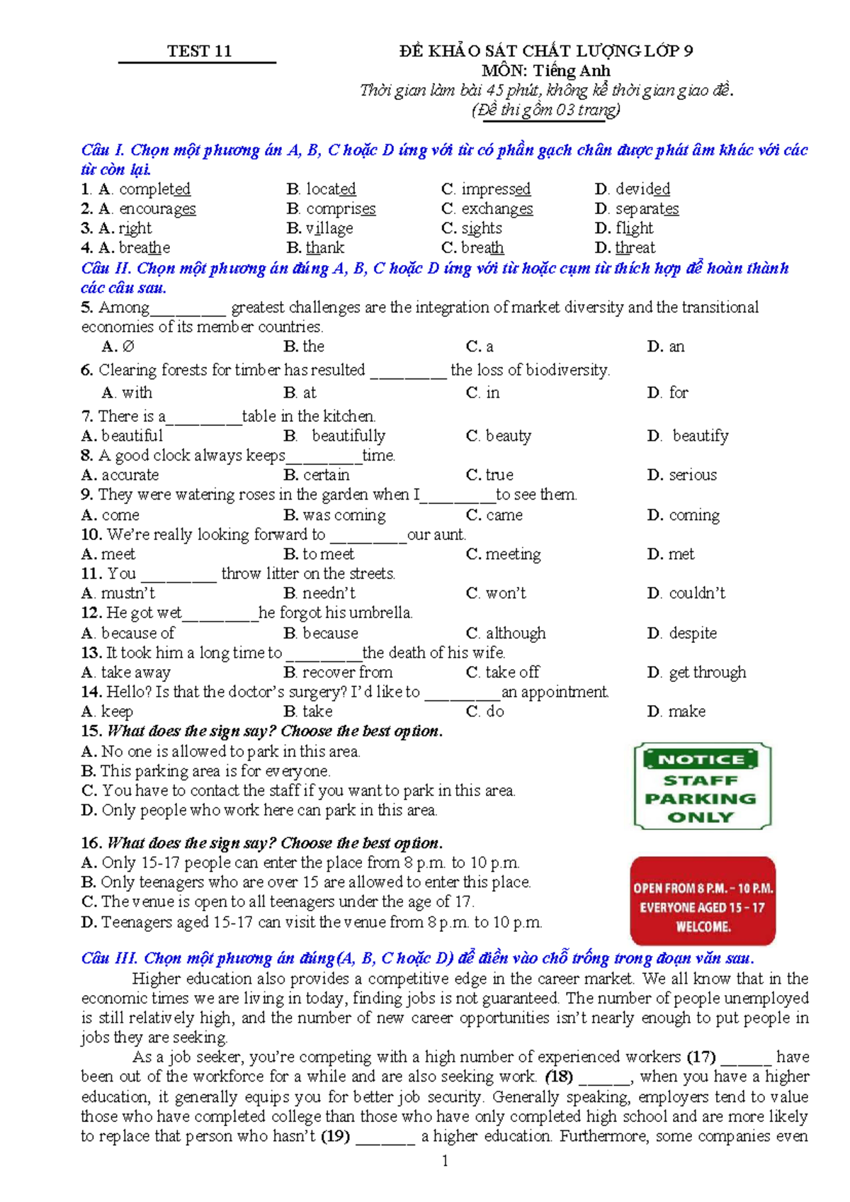 TEST 11: ĐỀ KHẢO SÁT CHẤT LƯỢNG LỚP 9 MÔN TIẾNG ANH - Studocu