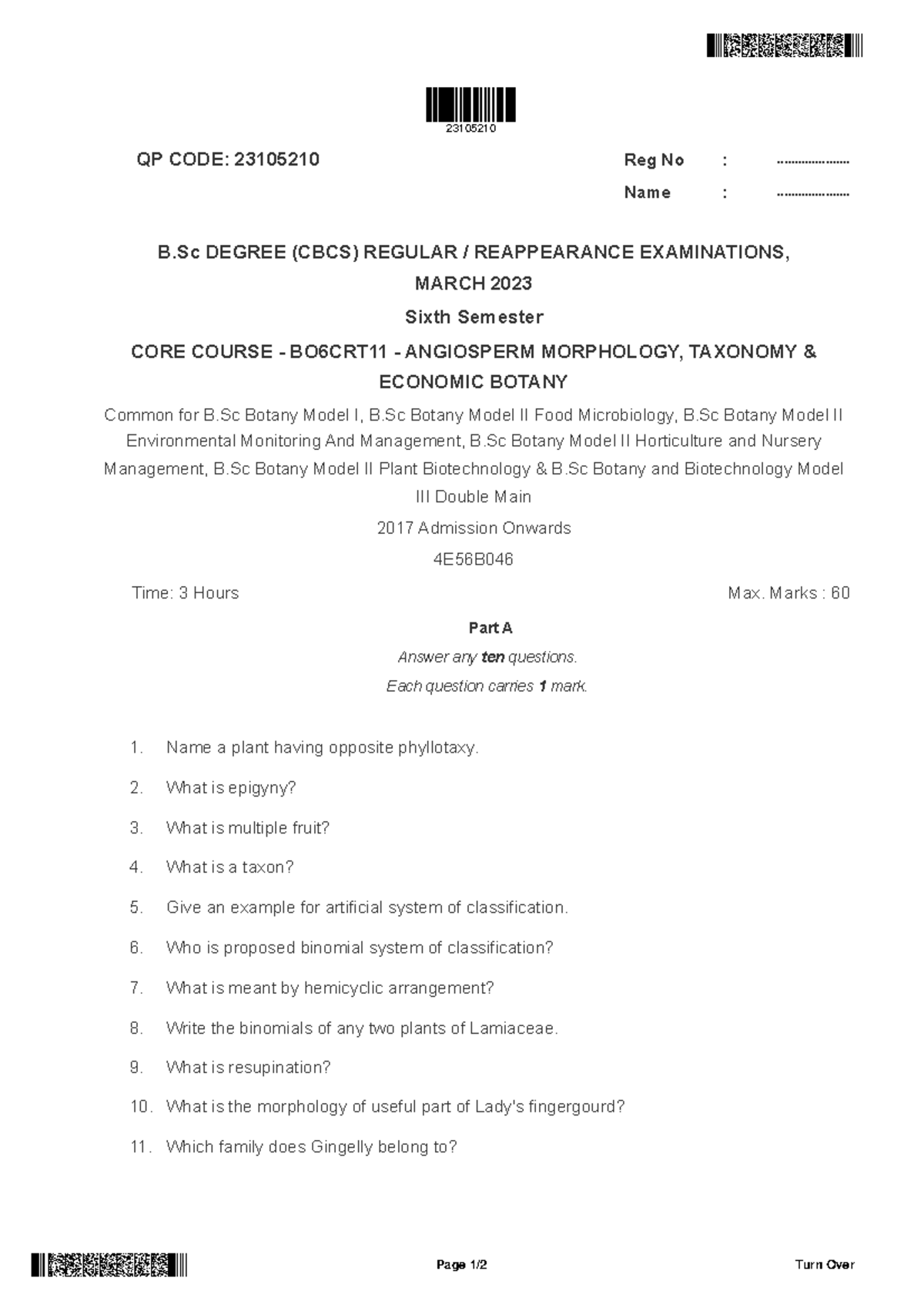 B.Sc Botany 6th Sem Exam QP: Angiosperm Morphology & Taxonomy - Studocu