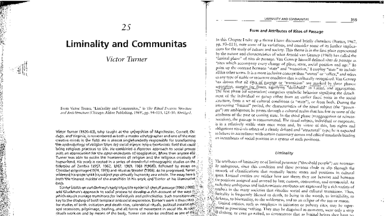 LIMINALITY AND COMMUNITAS: Insights from Victor Turner (1969) - Studocu