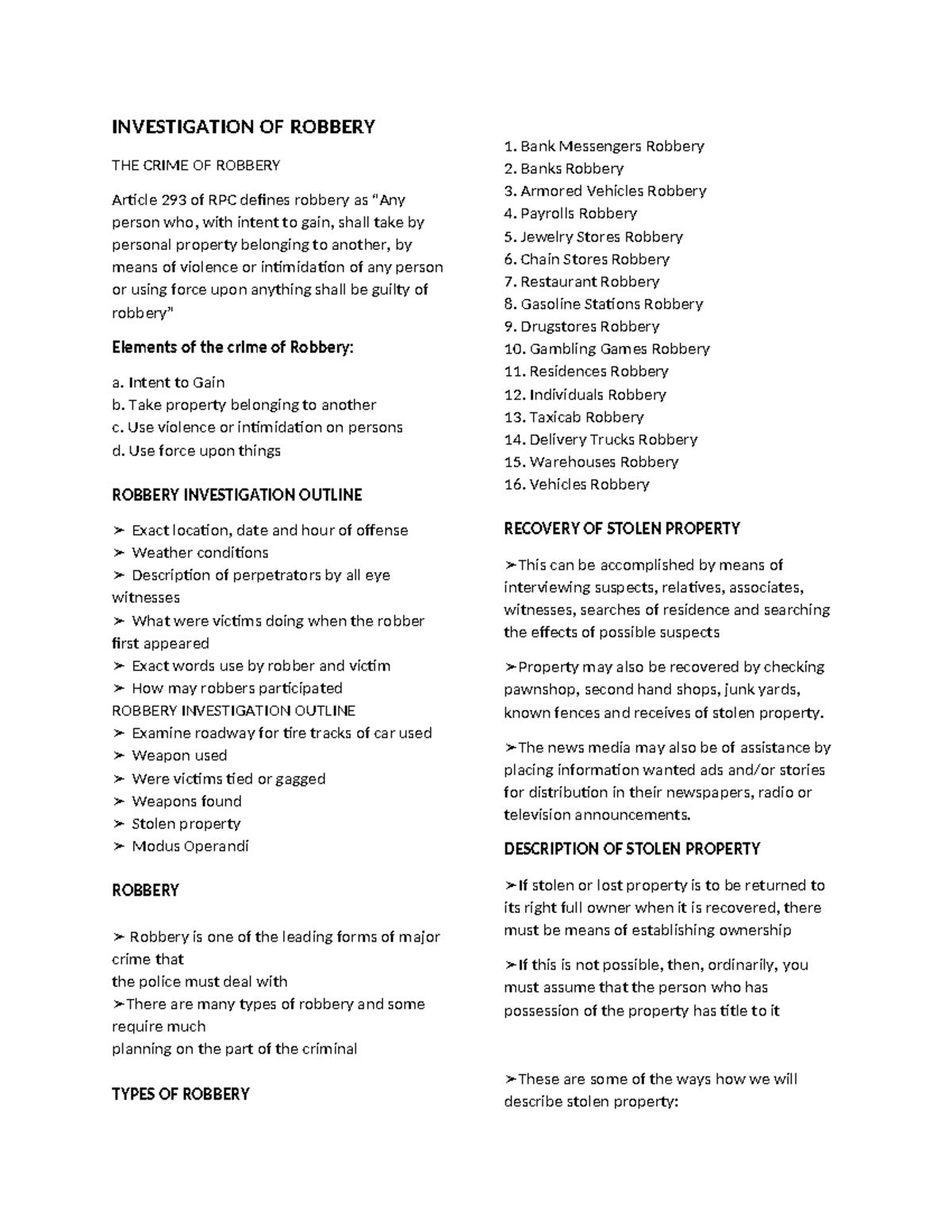 Robbery Investigation Outline: Key Elements & Types of Robbery - Studocu