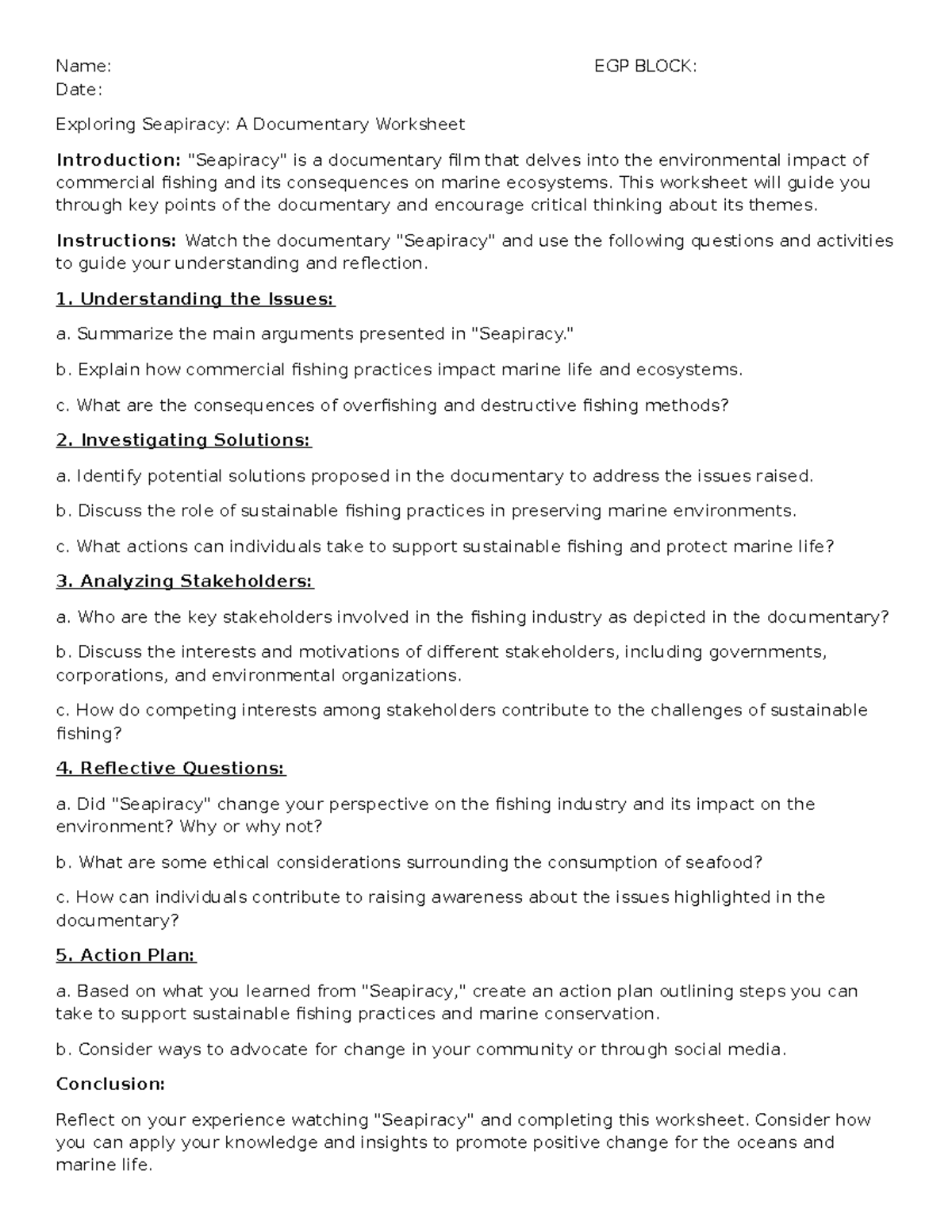 EGP BLOCK: Seaspiracy Documentary Worksheet & Reflection Guide - Studocu