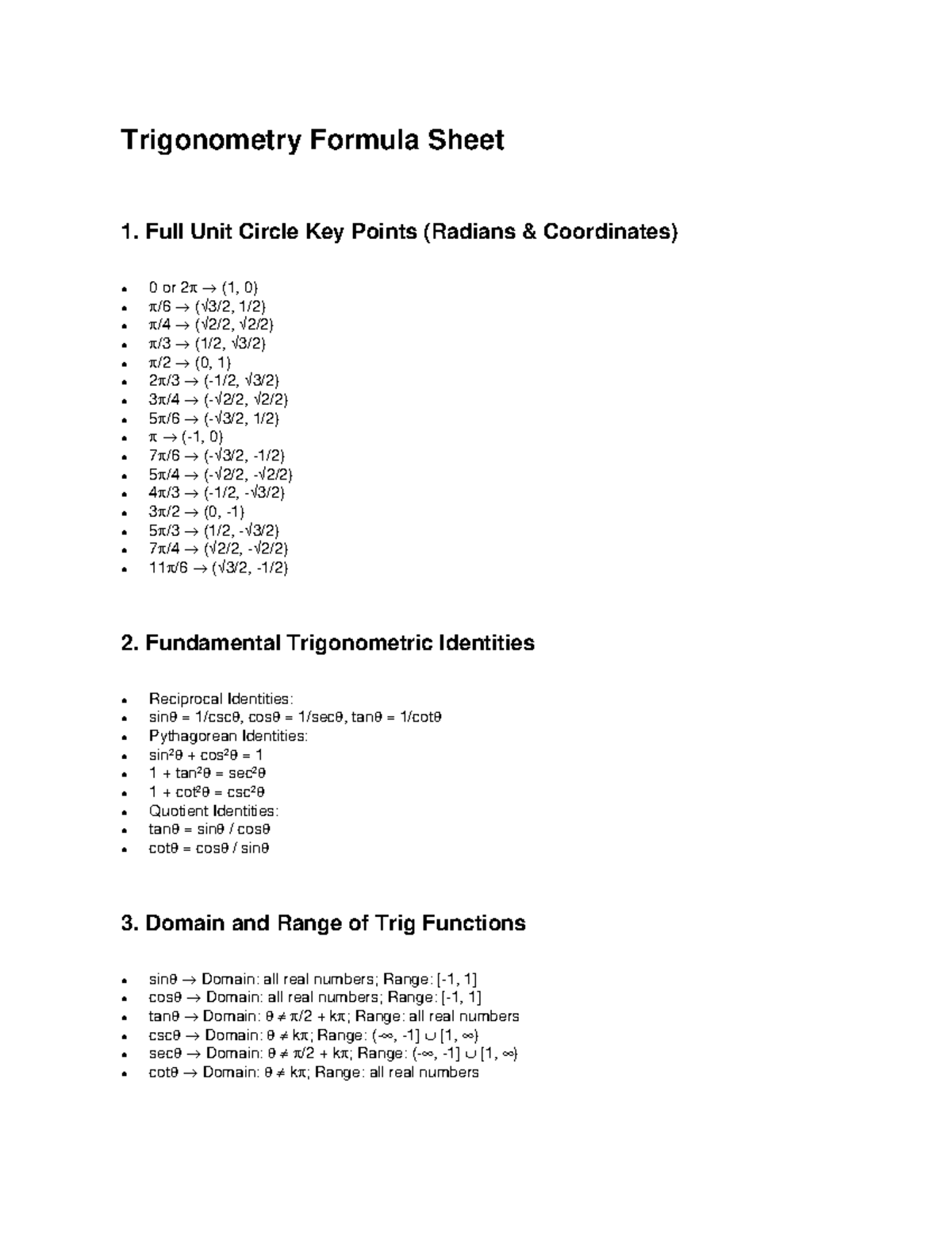 Trigonometry Formula Sheet: Unit Circle & Key Identities - Studocu