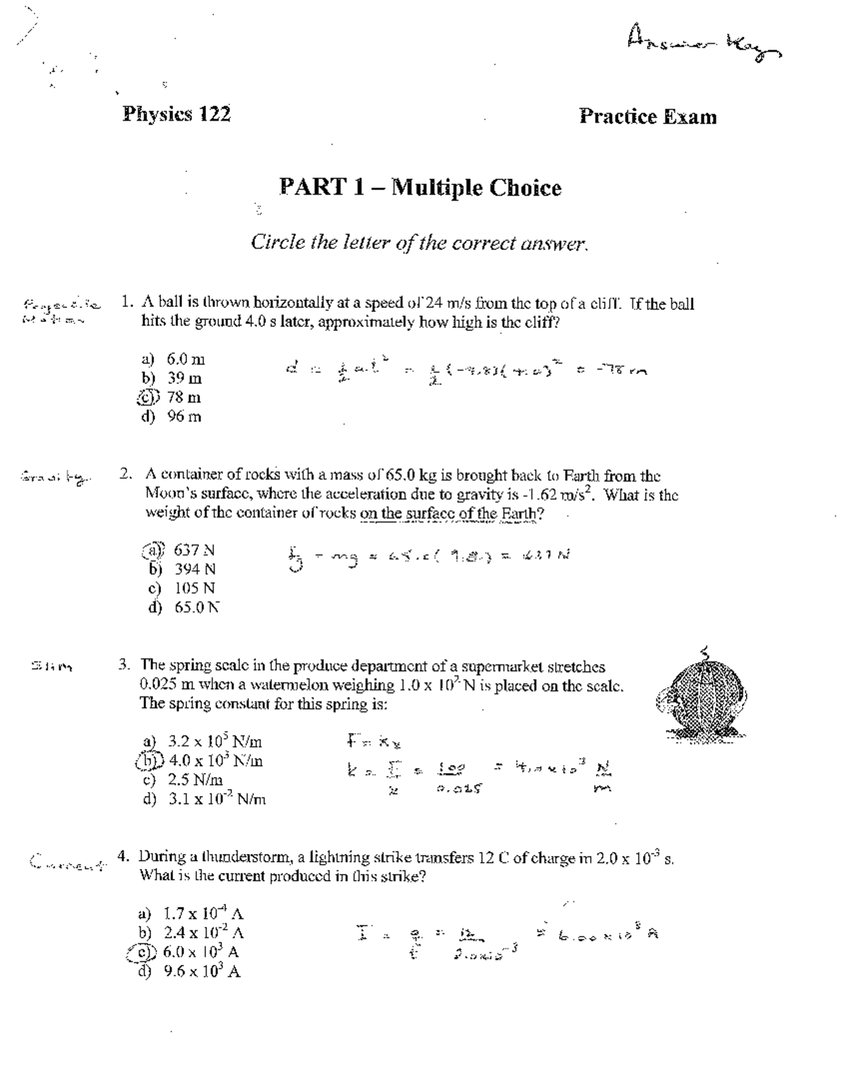 Practice exam -multiple choice- Physics - Answer Physics 122 Practice Exam PART 1 Multiple ...