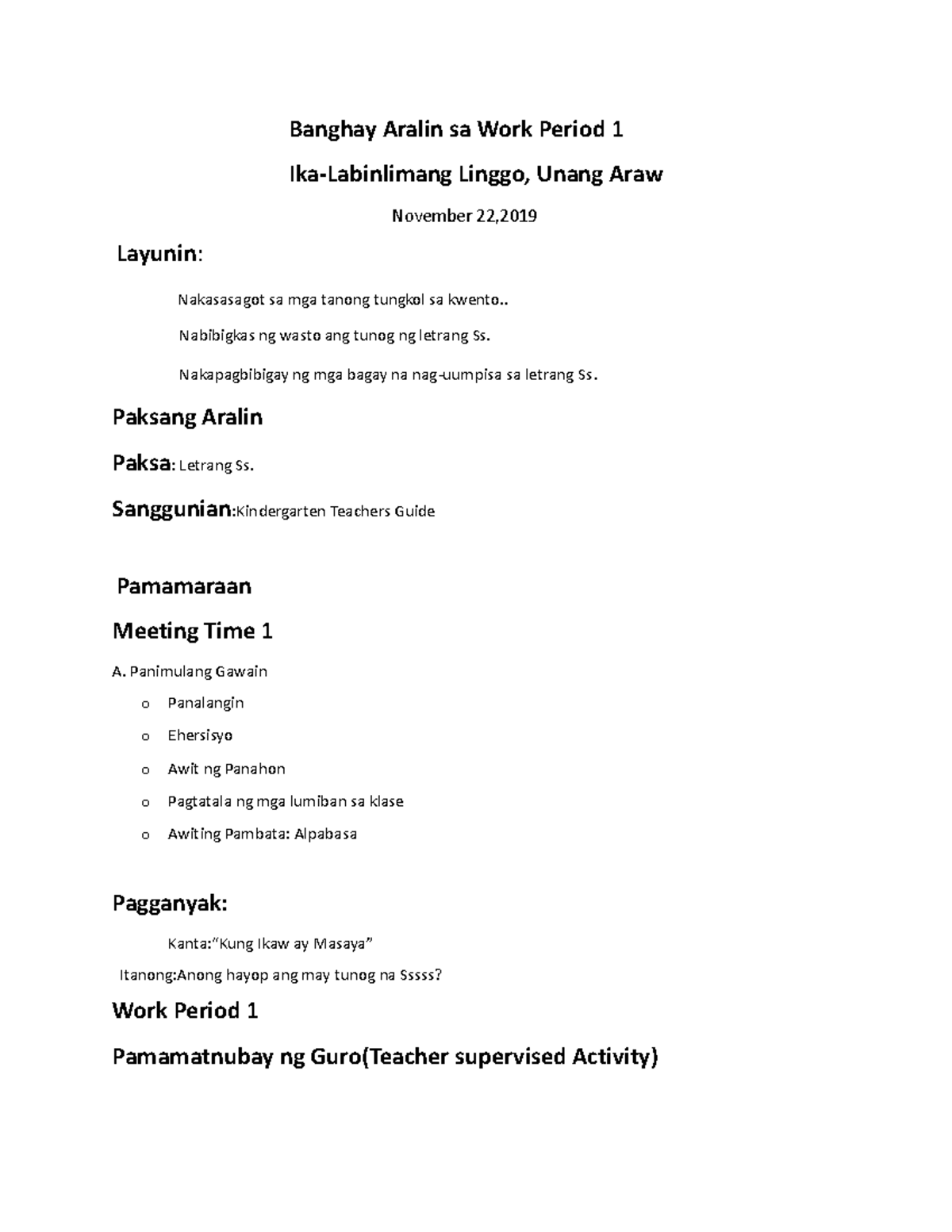 Banghay Aralin sa Kinder: Letrang Ss at Mga Gawain - Studocu