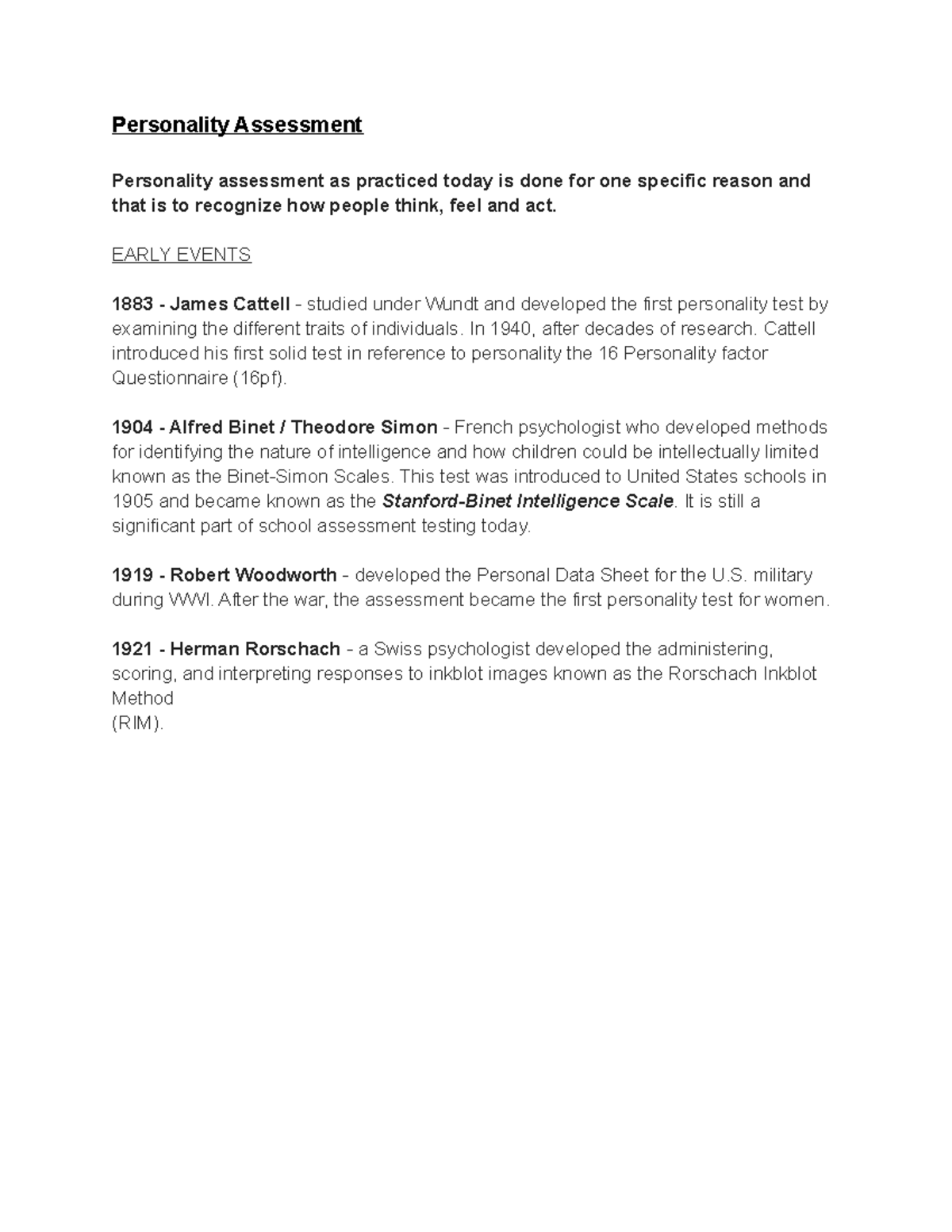 Psychology 101: Key Historical Events in Personality Assessment - Studocu