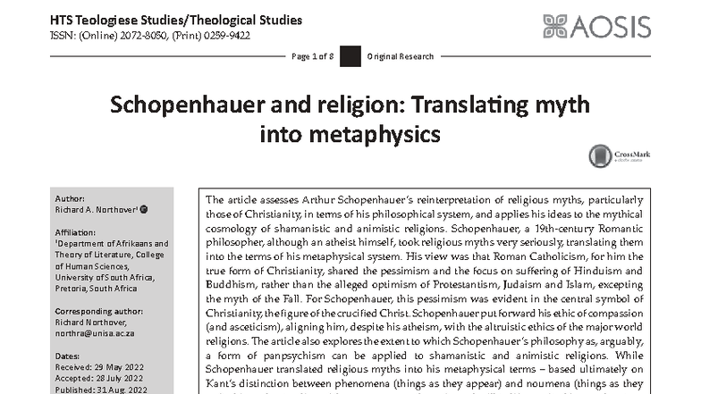 HTS Teologiese Studies: Schopenhauer's Metaphysical Interpretation of ...