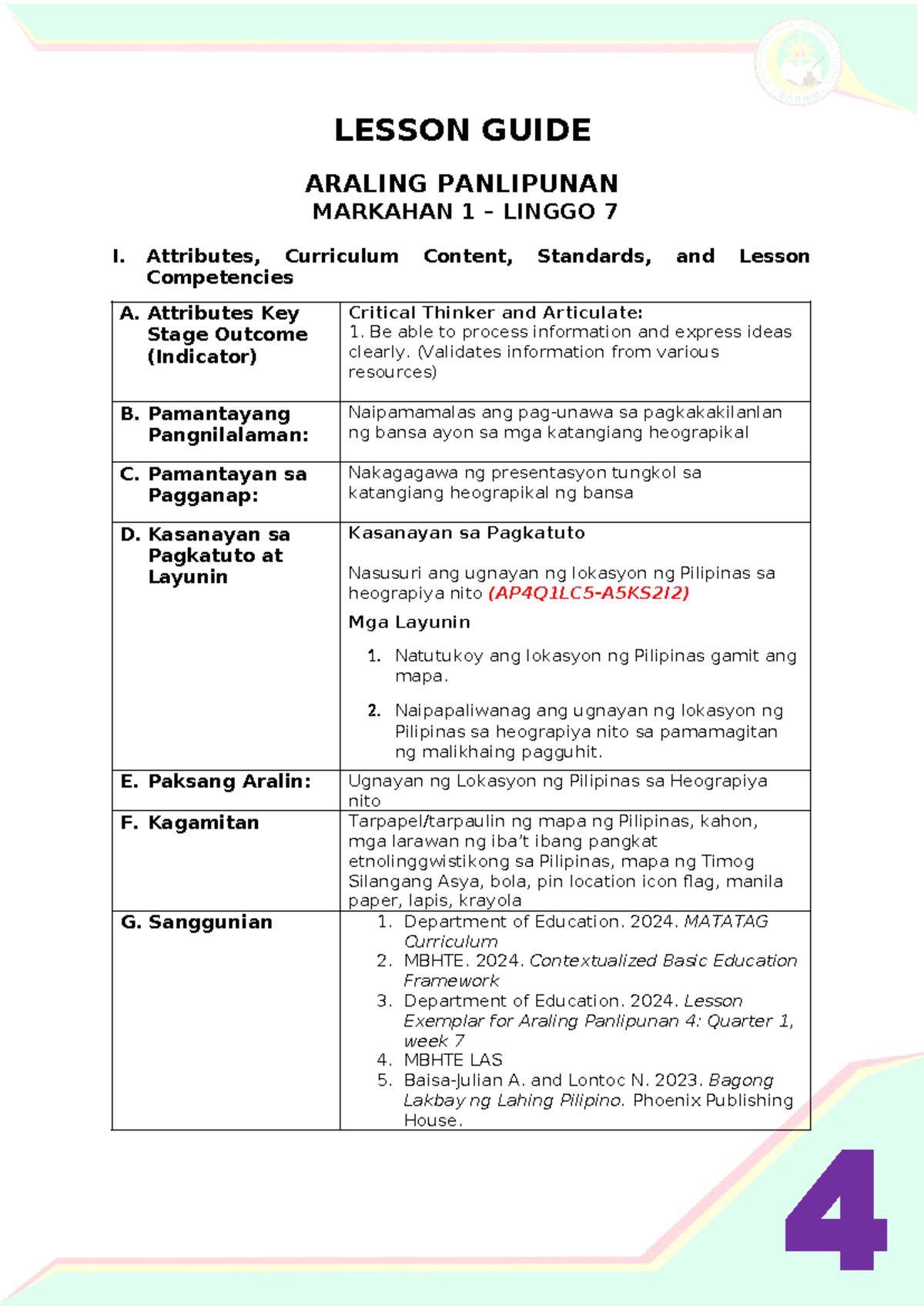 LG G4 arp Q1 W7 - Lesson plan Q1 Wk-7 - LESSON GUIDE ARALING PANLIPUNAN ...