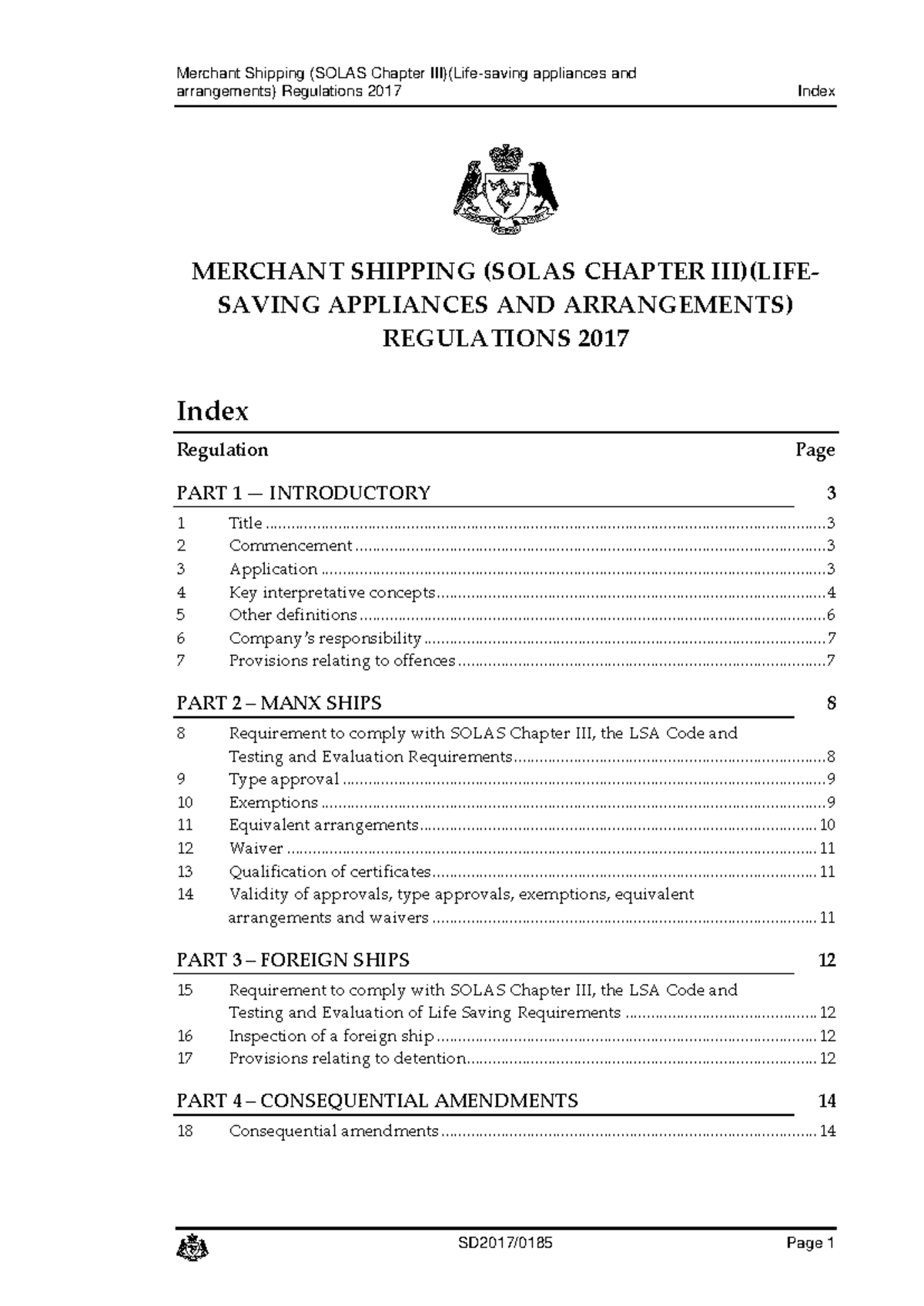 Merchant Shipping (SOLAS Chapter Appliances) Regs 2017 Index - Studocu