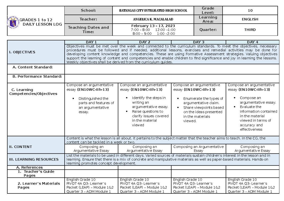 Q3 Week 1 DLL Argumentative Essay Lesson Plan - Grade 10 English - Studocu