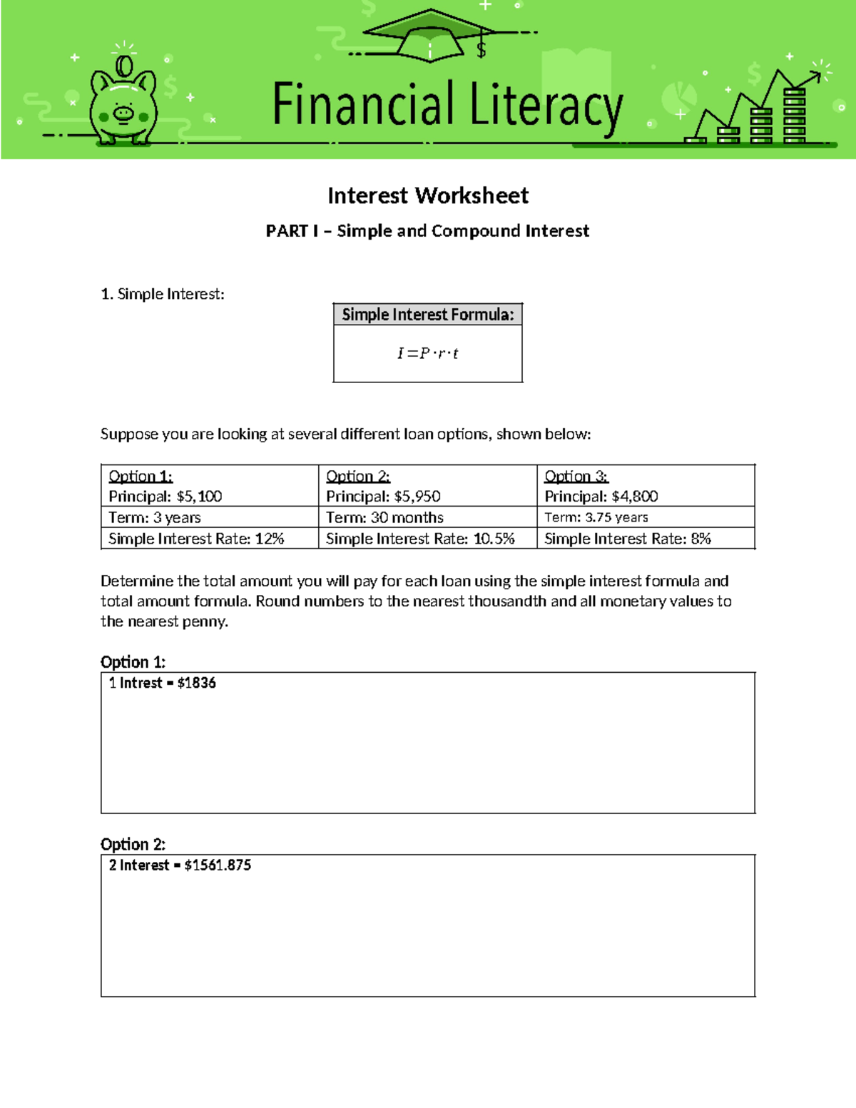 Interest Worksheet: Simple & Compound Interest Analysis - Studocu