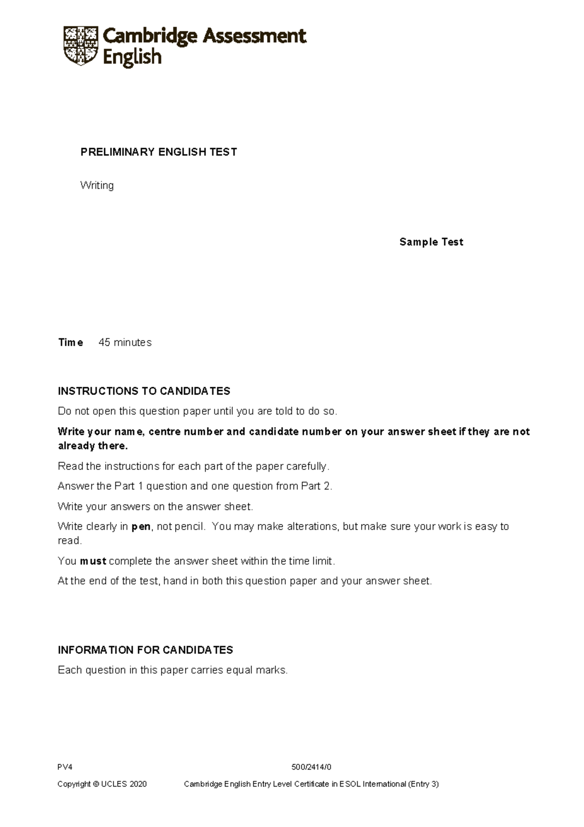 B1 Preliminary 2020 Writing Sample Test Instructions and Questions ...