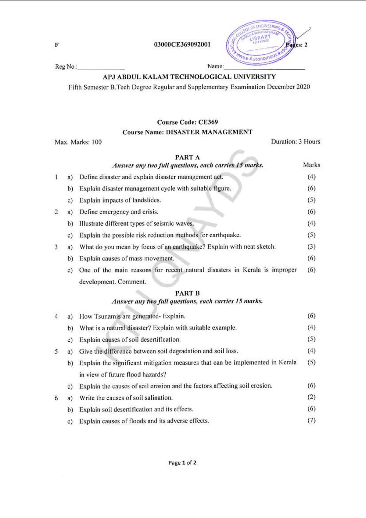 PJ AItDUI, TECNNT)LOC ICAL UNIVDTSITY Disaster Management Exam Dec 2020 ...