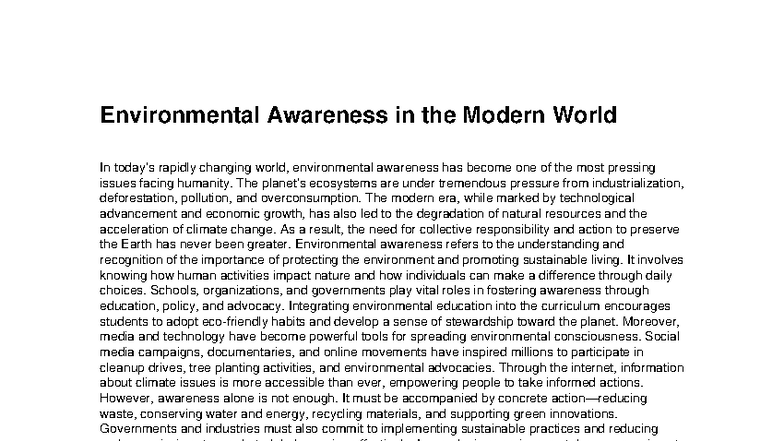 ENV 101: Environmental Awareness and Sustainability Insights - Studocu